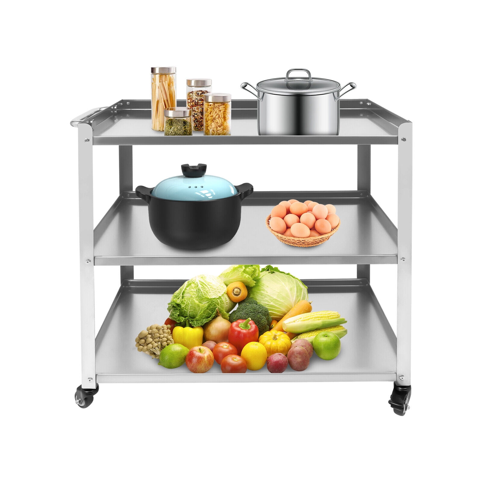 3 Tiers Kitchen Trolley Cart 300lbs Storage Rolling Cart Shelf Silver w ...