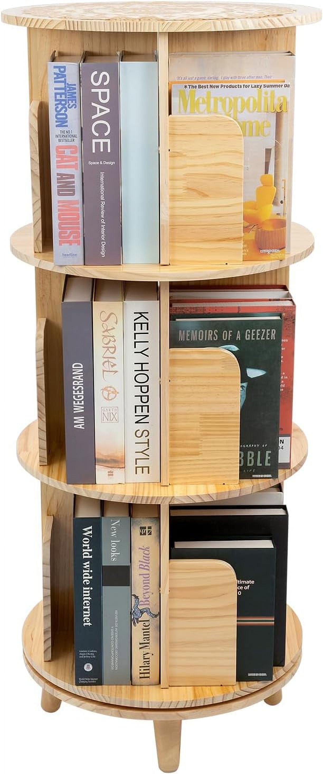 3 Tiers Narrow Corner Bookshelf, 360° Rotating Bookshelf Display, Wood ...