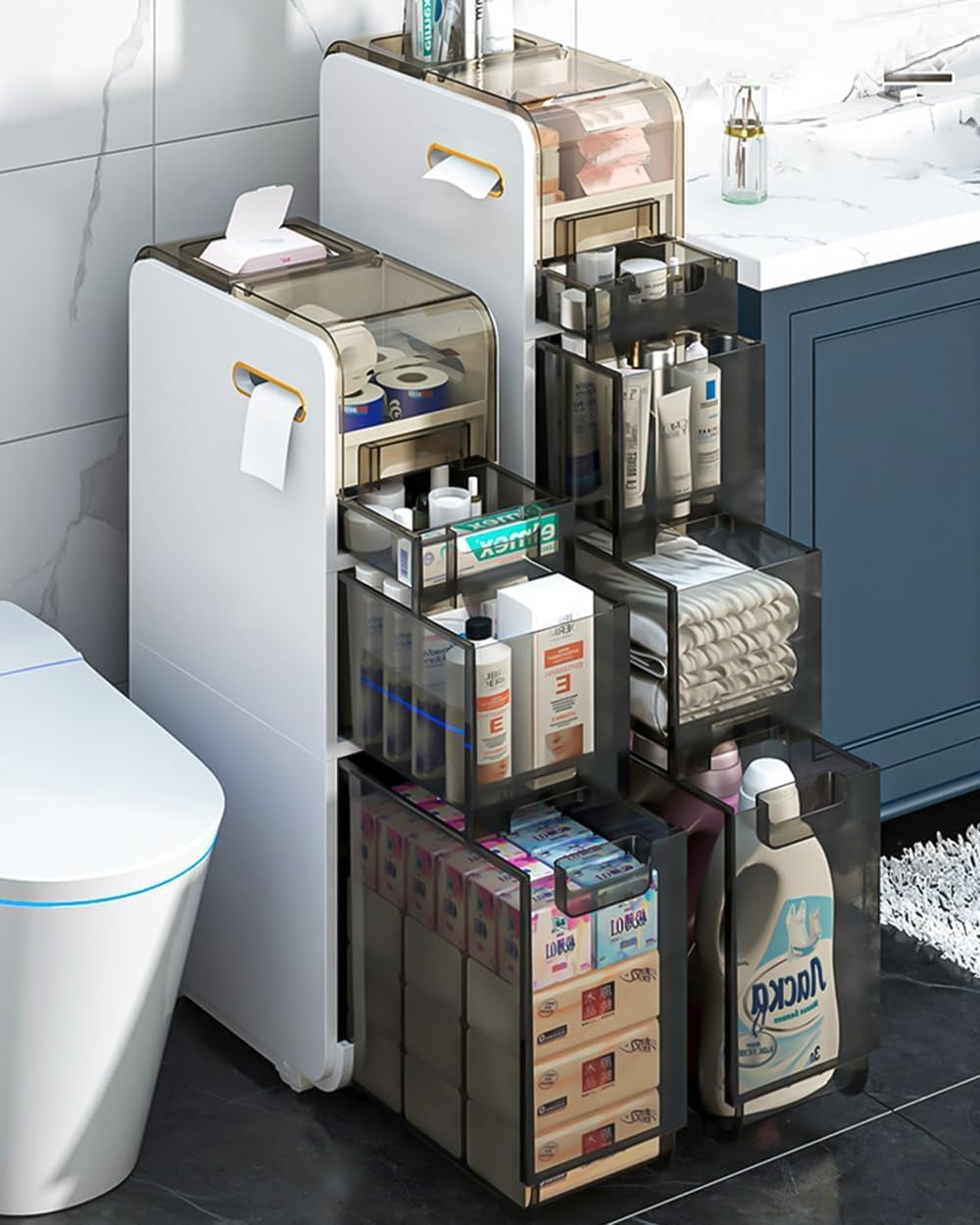 3-Tiers Narrow Storage Cabinet,Sleek Free Standing Toilet Paper Holder ...