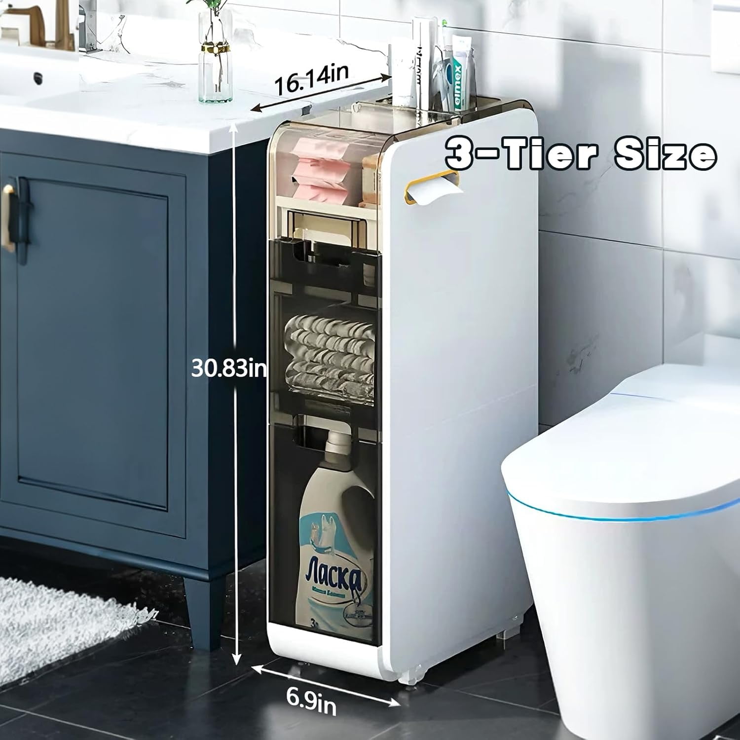 3-Tiers Narrow Storage Cabinet,Sleek Free Standing Toilet Paper Holder ...