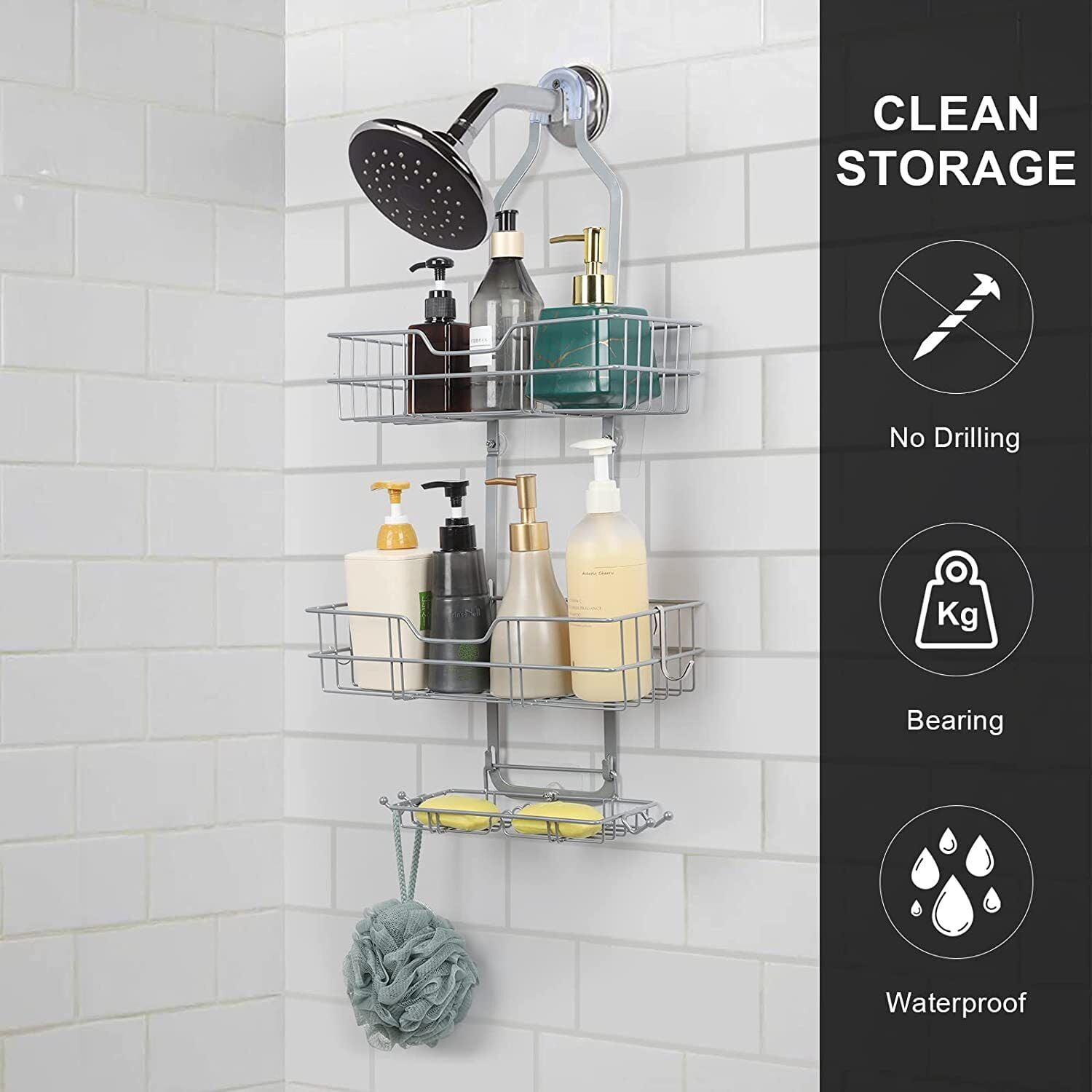 3 Tiers Over Head Shower Caddy Basket Bathroom Hanging Shower Storage ...