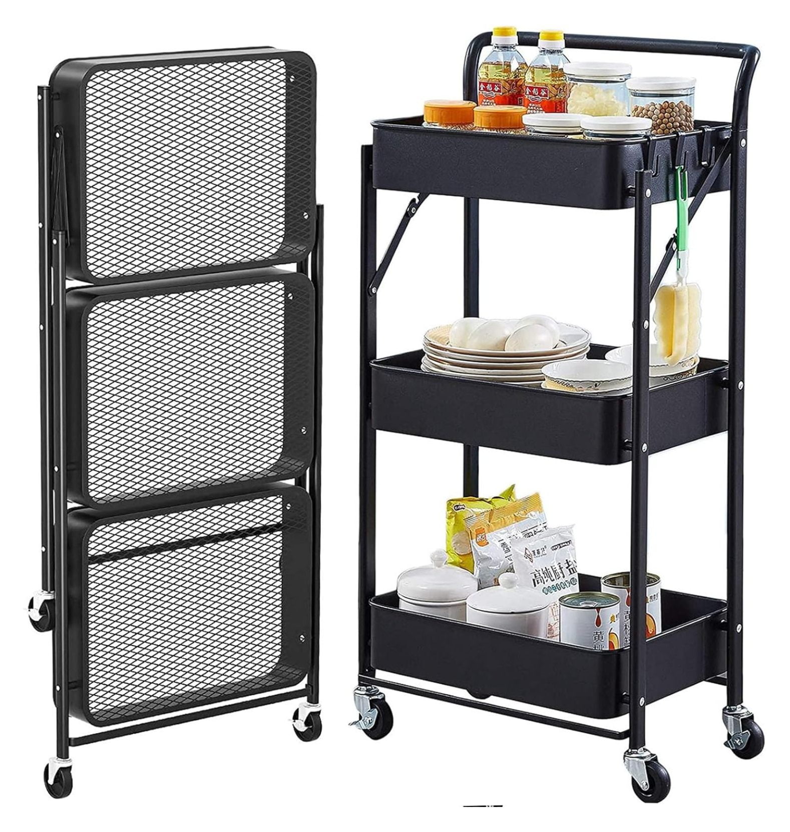 3 Tiers Rolling Cart with Handle, Foldable Metal Storage Cart with ...