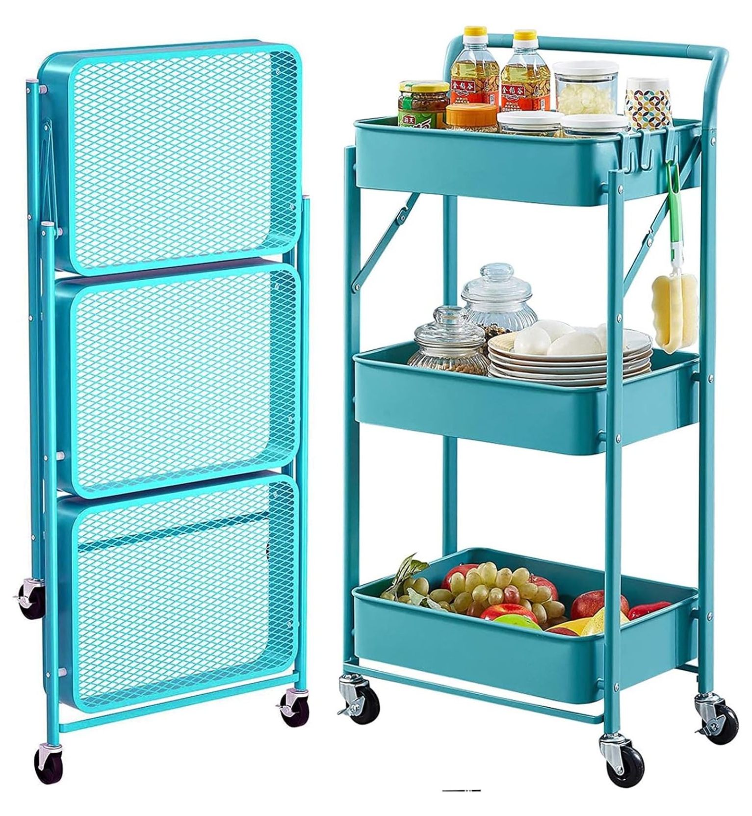 3 Tiers Rolling Cart with Handle, Foldable Metal Storage Cart with ...