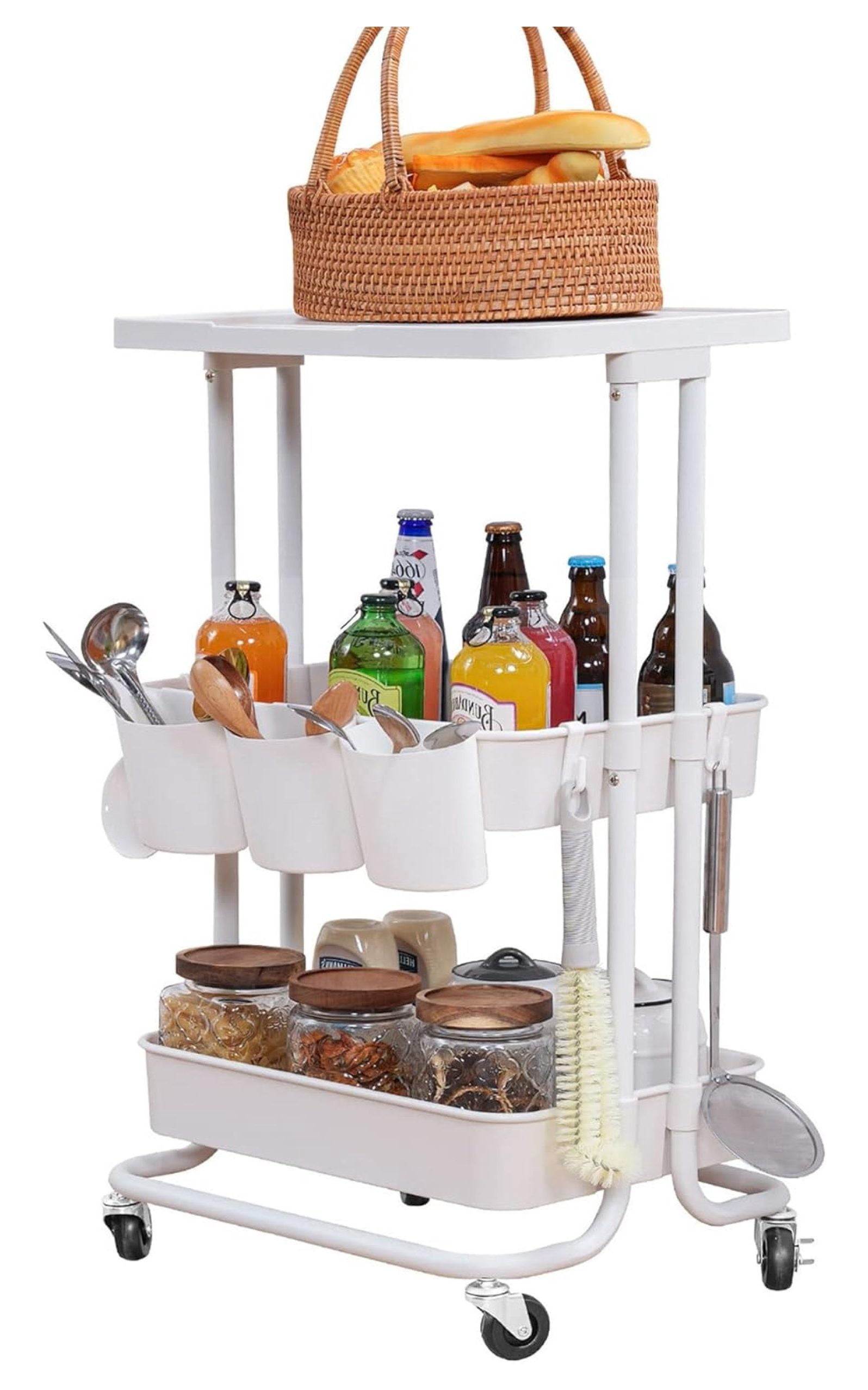 3 Tiers Rolling Cart with and Hanging Cups Storage Utility Cart for ...