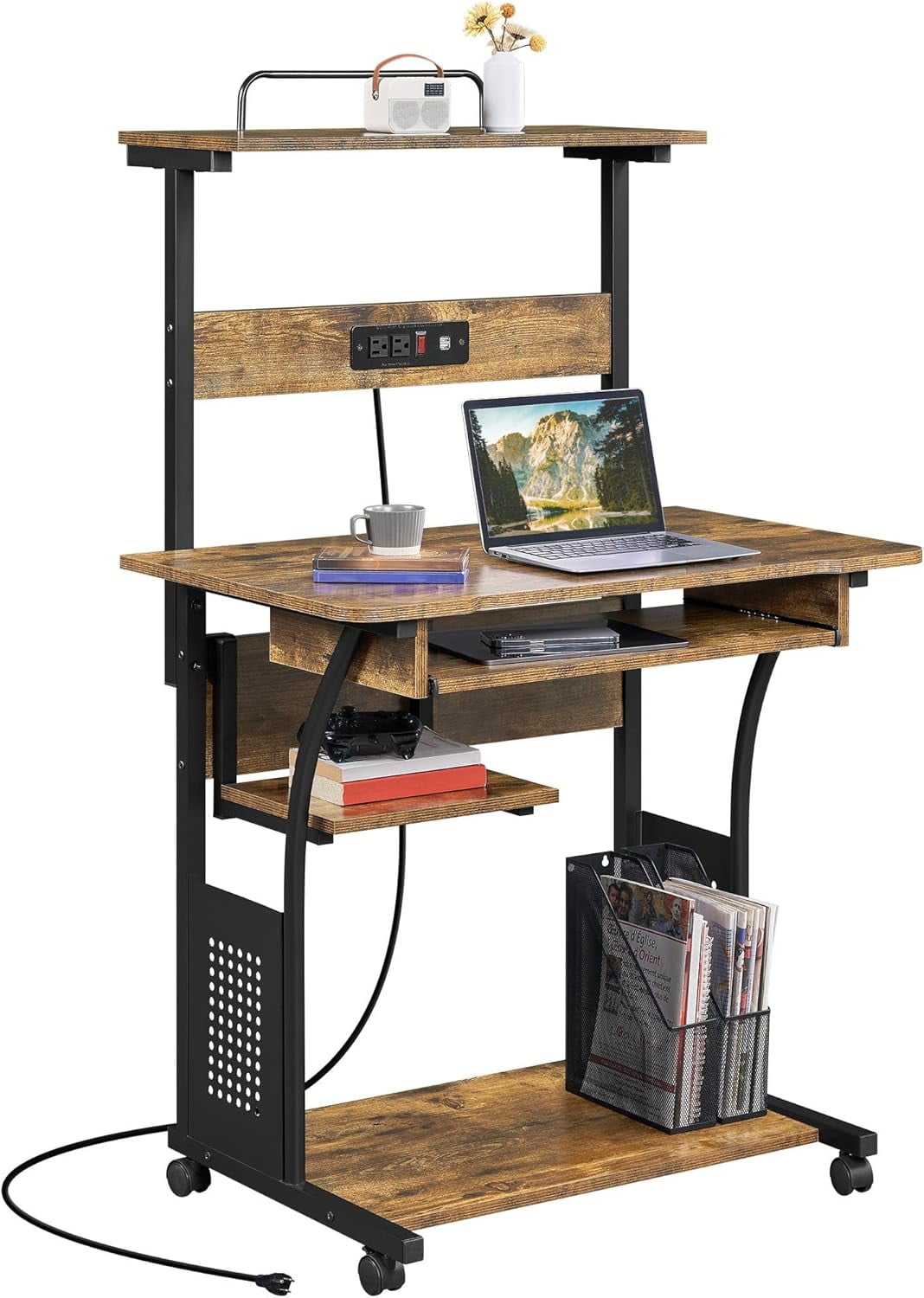 3 Tiers Rolling Computer Desk on Wheels with Charging Station and ...
