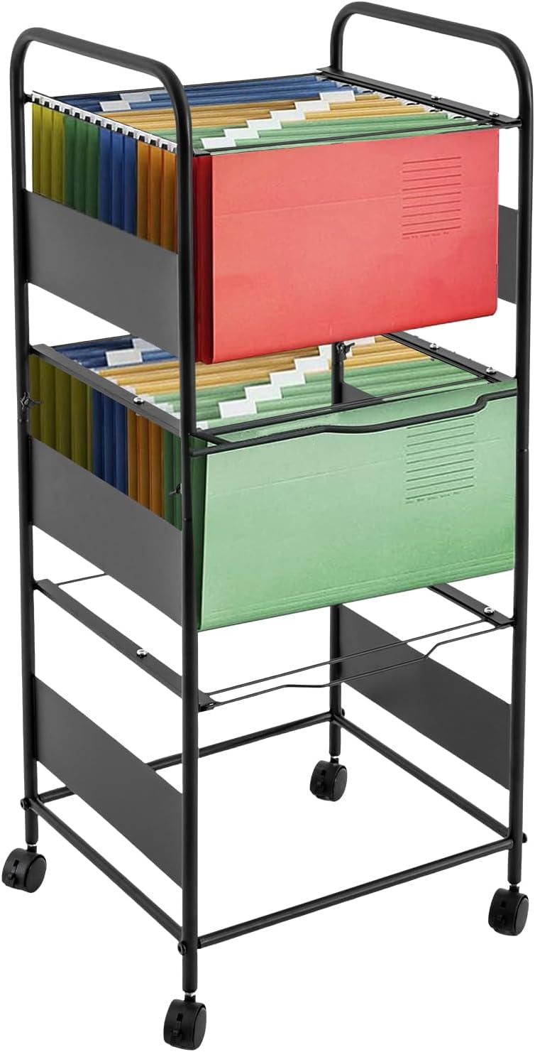 3 Tiers Rolling File Carts,Metal Mobile Hanging File Folder Rack,with ...