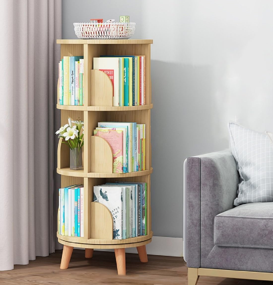 3 Tiers Rotating Bookshelf Wooden Round Bookcase Floor Standing Display ...