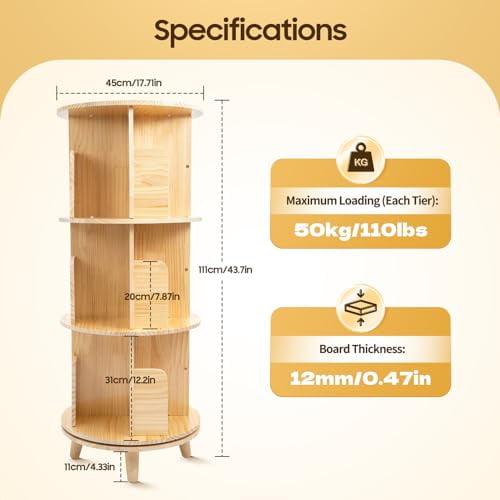 3 Tiers Rotating Bookshelf, Wooden Round Bookcase Floor Standing ...