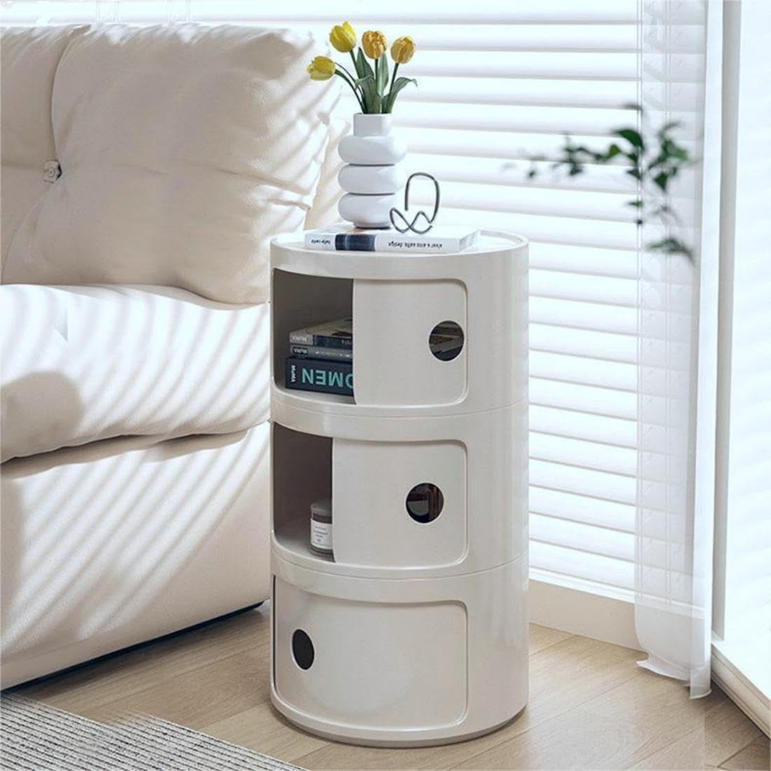 3 Tiers Round Cabinet with Slide Doors, Detachable End Table with ...