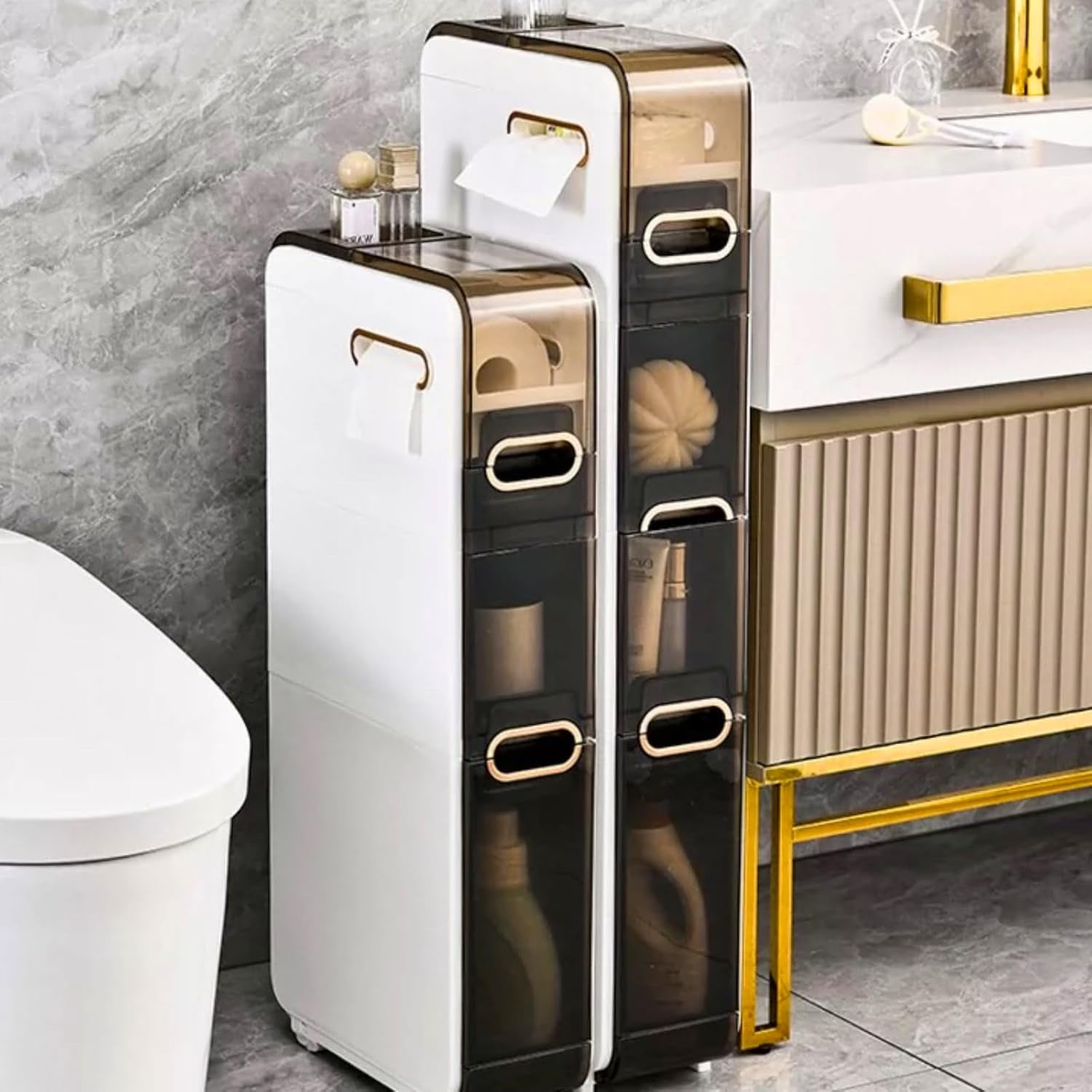 3-Tiers Slim Bathroom Storage Cabinet with Clear Drawers, 8.66" W ...