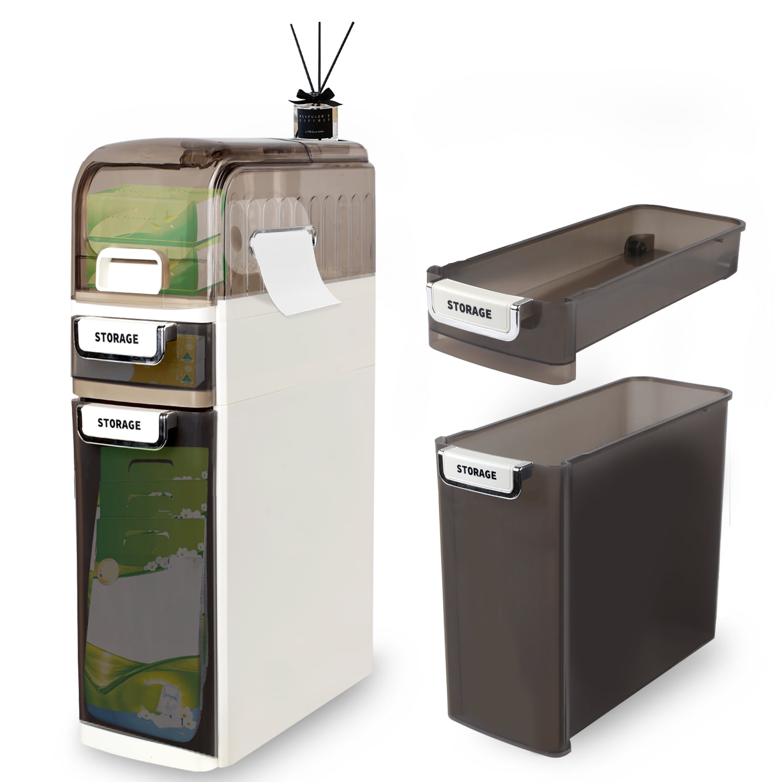 3-Tiers Slim Bathroom Storage Cabinet, Narrow Bathroom Storage, Plastic ...