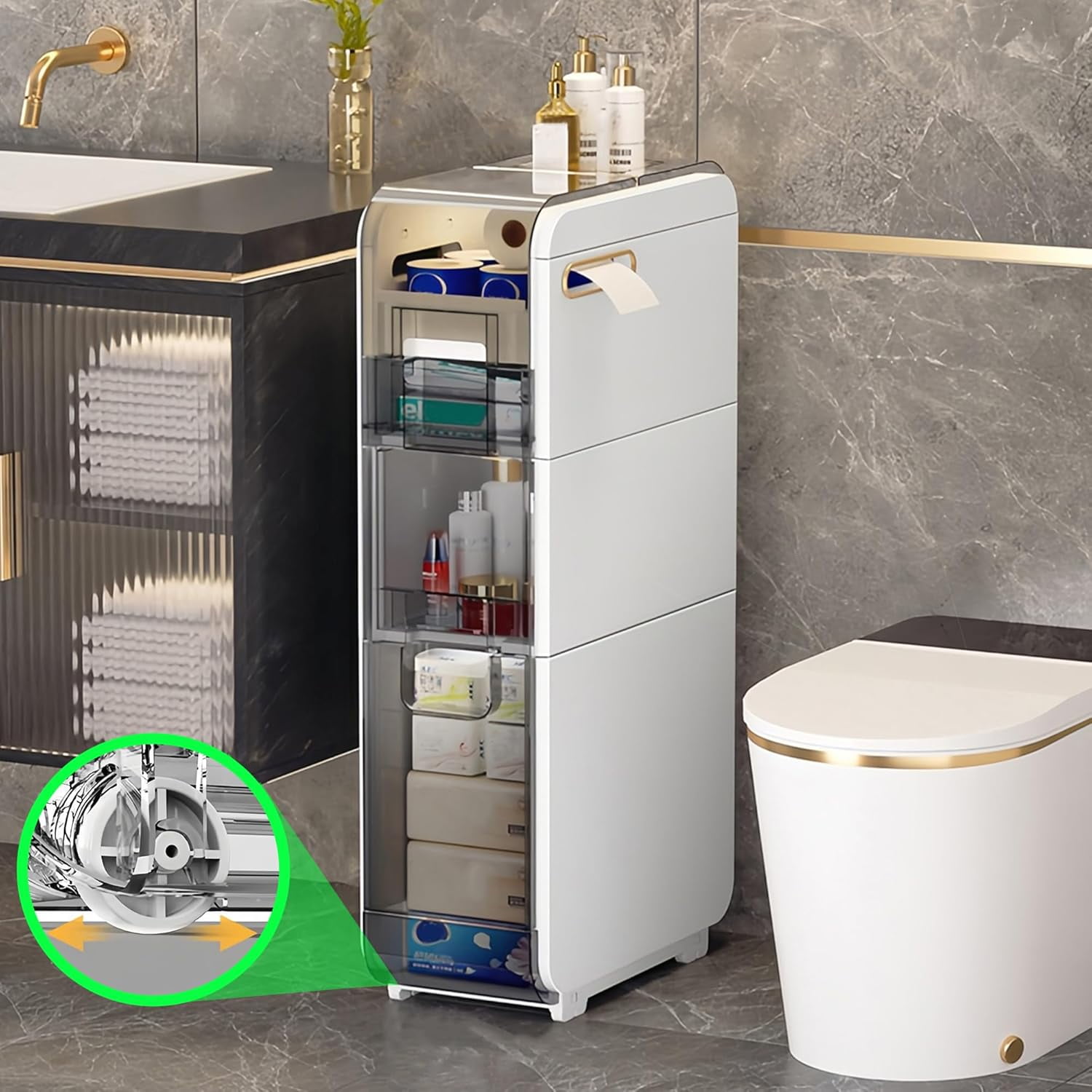 3-Tiers Slim Bathroom Storage Cabinet, Plastic Narrow Storage Cabinet ...