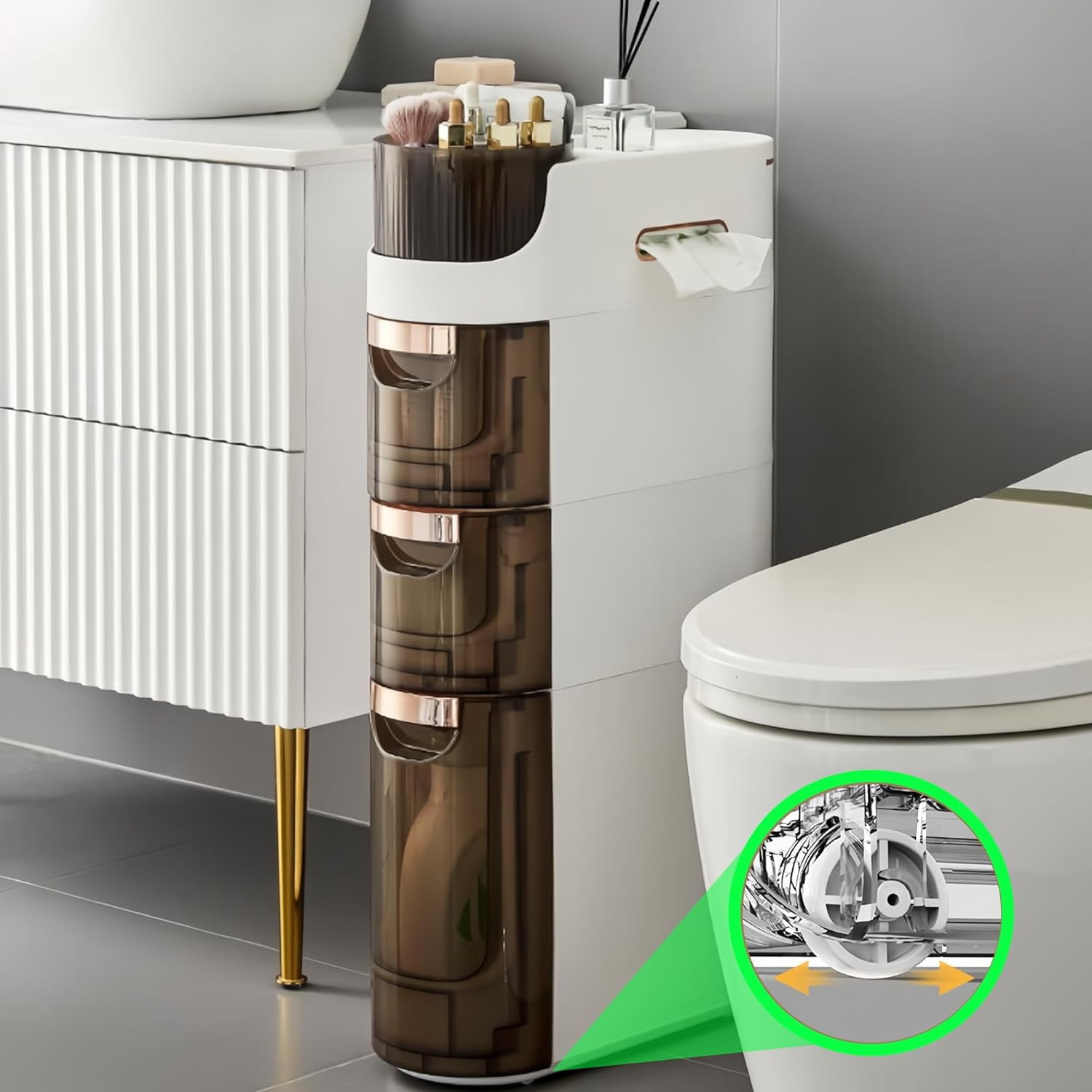 3-Tiers Slim Bathroom Storage Cabinet, Waterproof Narrow Floor Cabinet ...