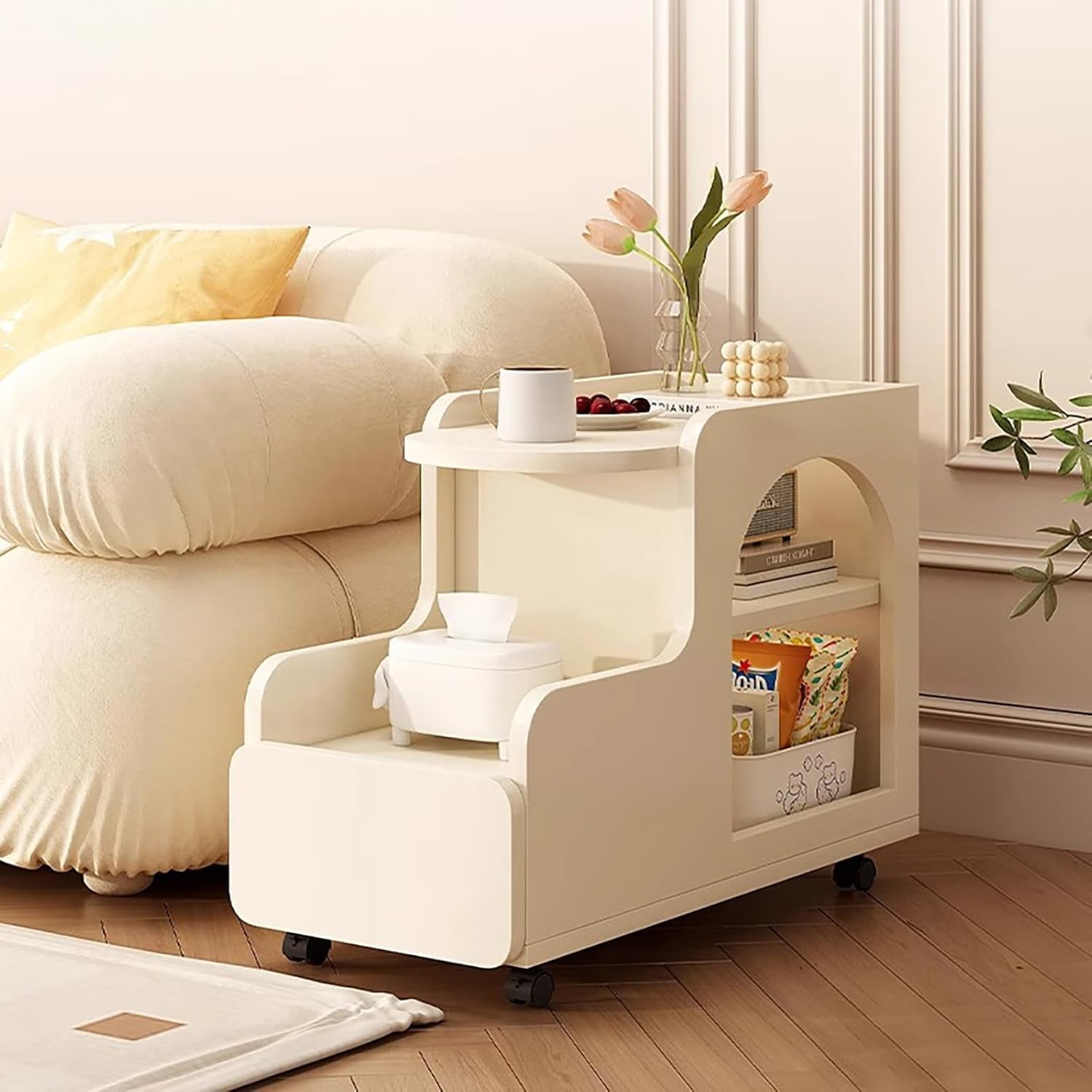 3 Tiers Sofa Side Table with Drawer, Detachable Rolling Cart Storage ...