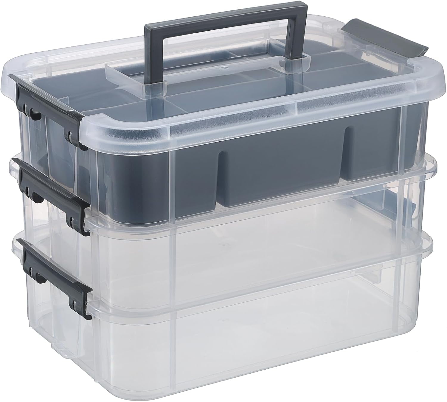 3-Tiers Stack Carry Storage Box With Divided Tray, Transparent ...