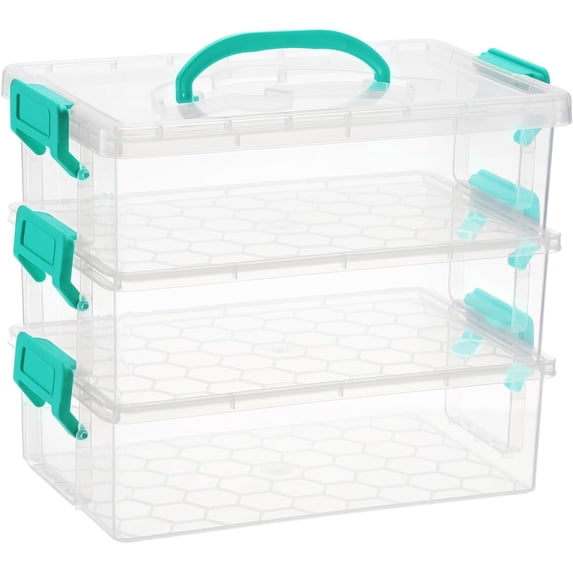 3-Tiers Stack Carry Storage Box with Green Handle, Transparent ...