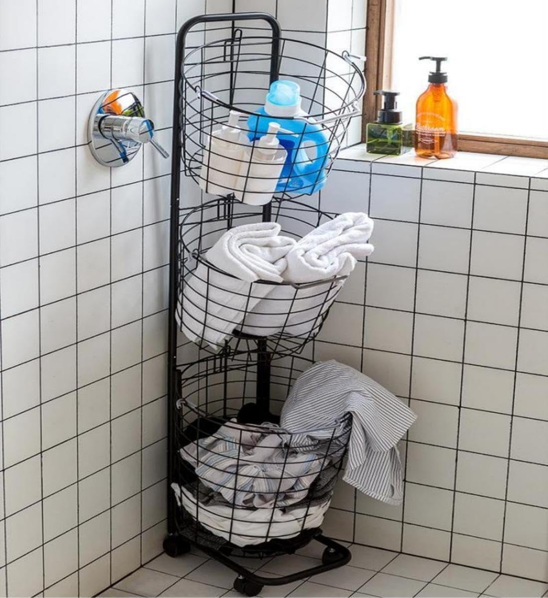 3 Tiers Standing Laundry Basket on Wheels, Removable Laundry Hampers ...