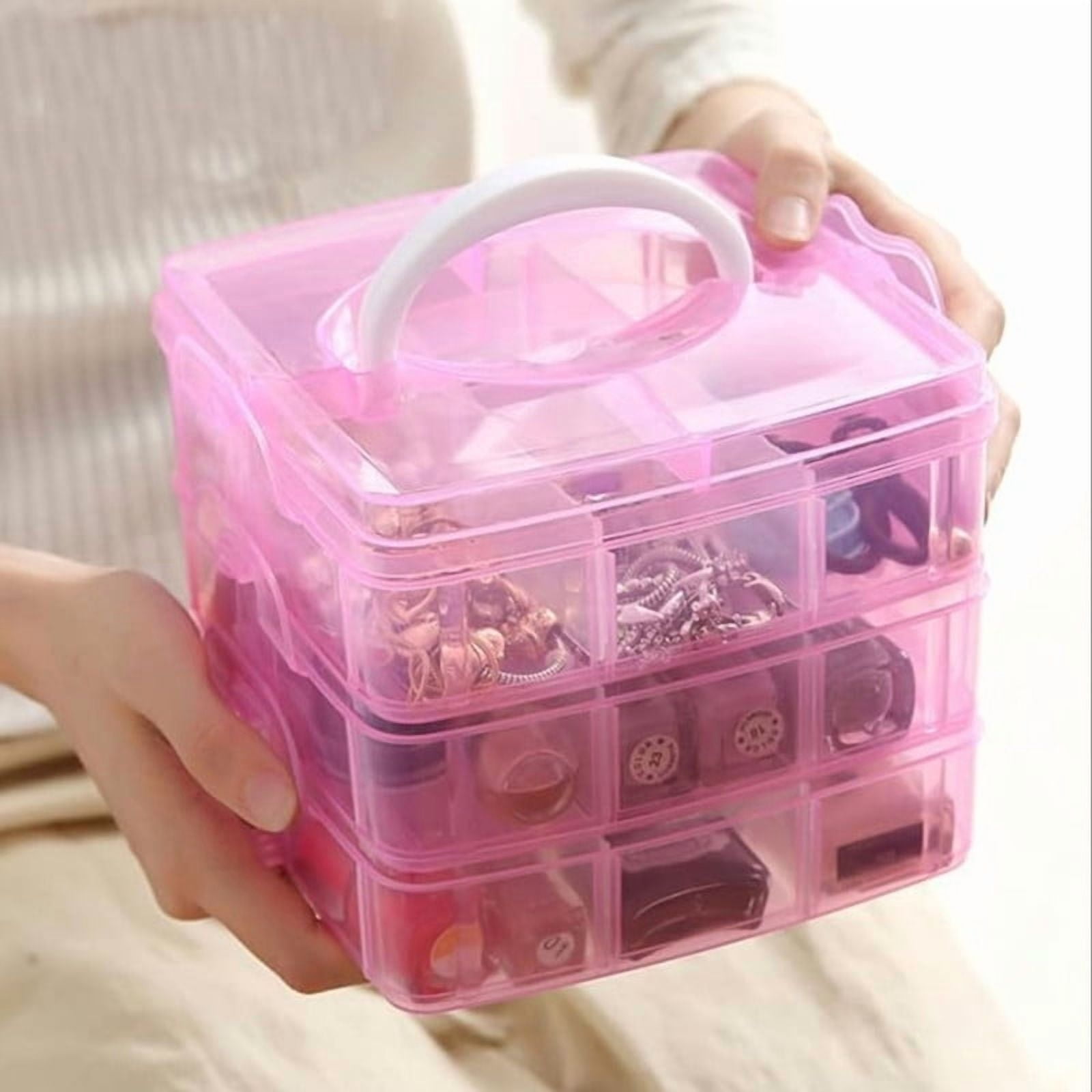 OFEFE 3-Tier Pink Transparent Storage Box - Stackable Organizer Bin ...