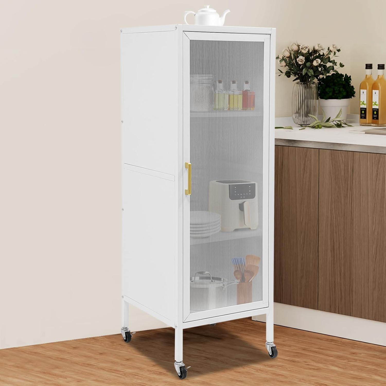 3 Tiers Storage Cabinet with Wheels, Floor Pantry Cabinet with ...