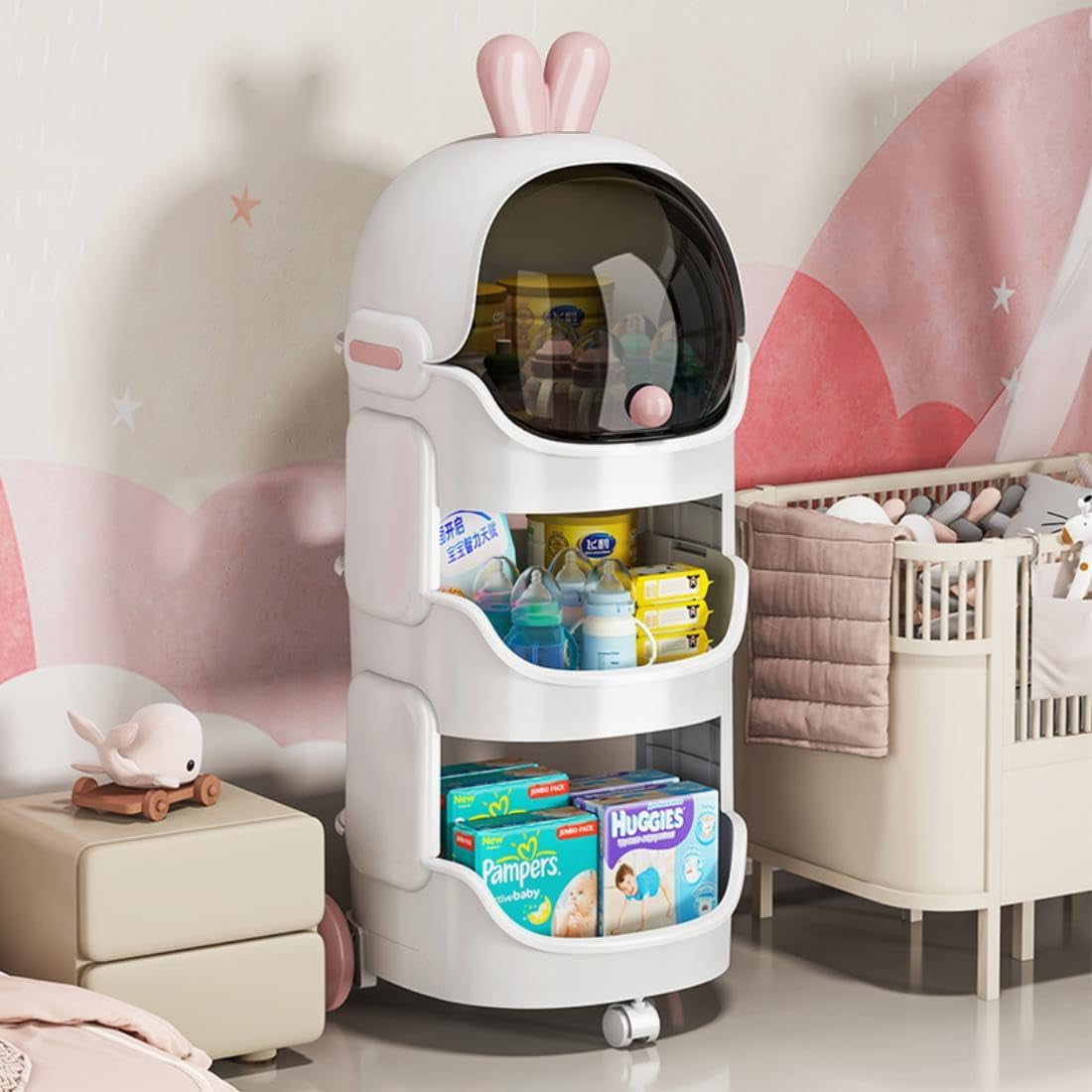 3 Tiers Storage Cabinet with Wheels, Mobile Bathroom Storage Rack with ...