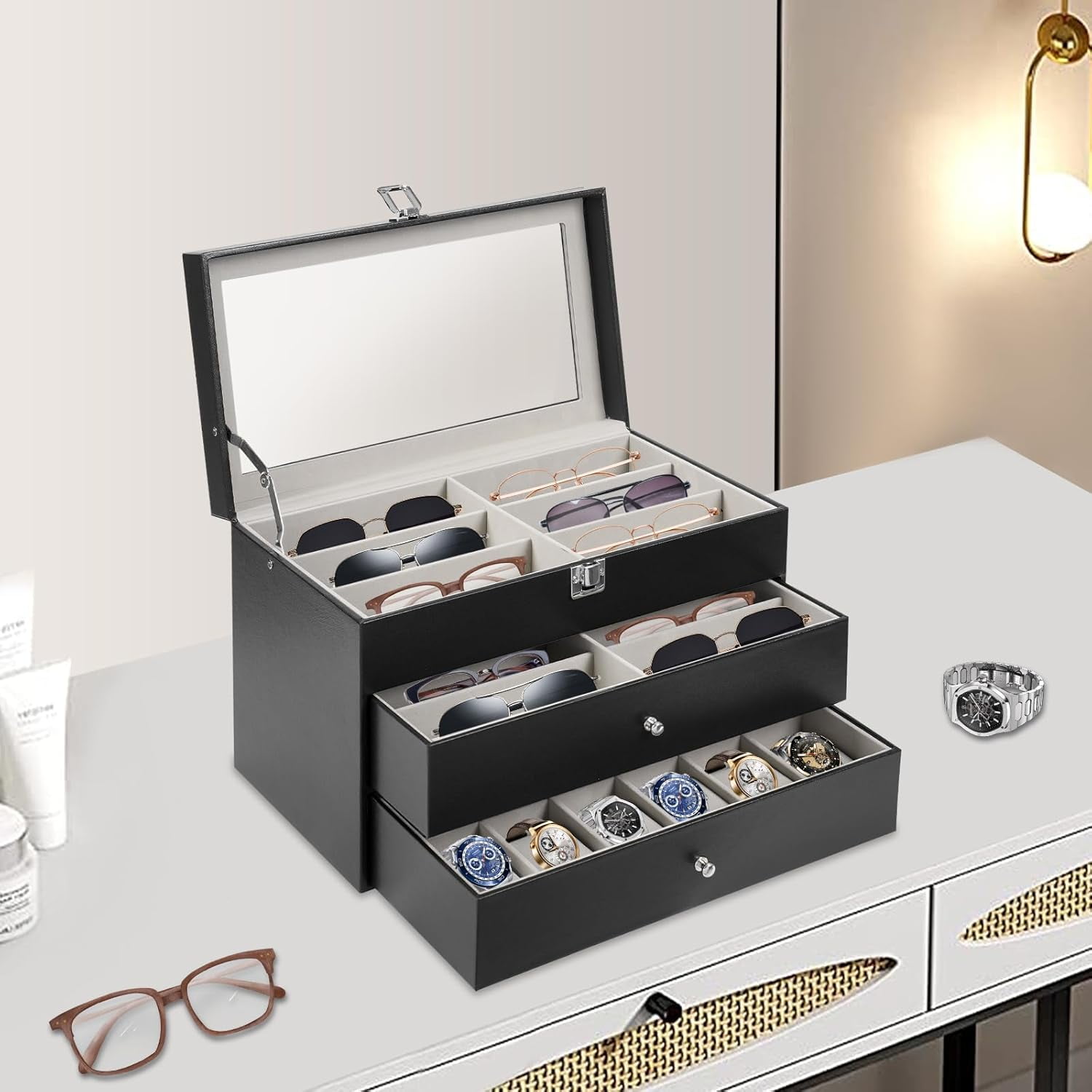 3 Tiers Watch Box & Glasses Display Box, Watch and Glasses Storage Case ...