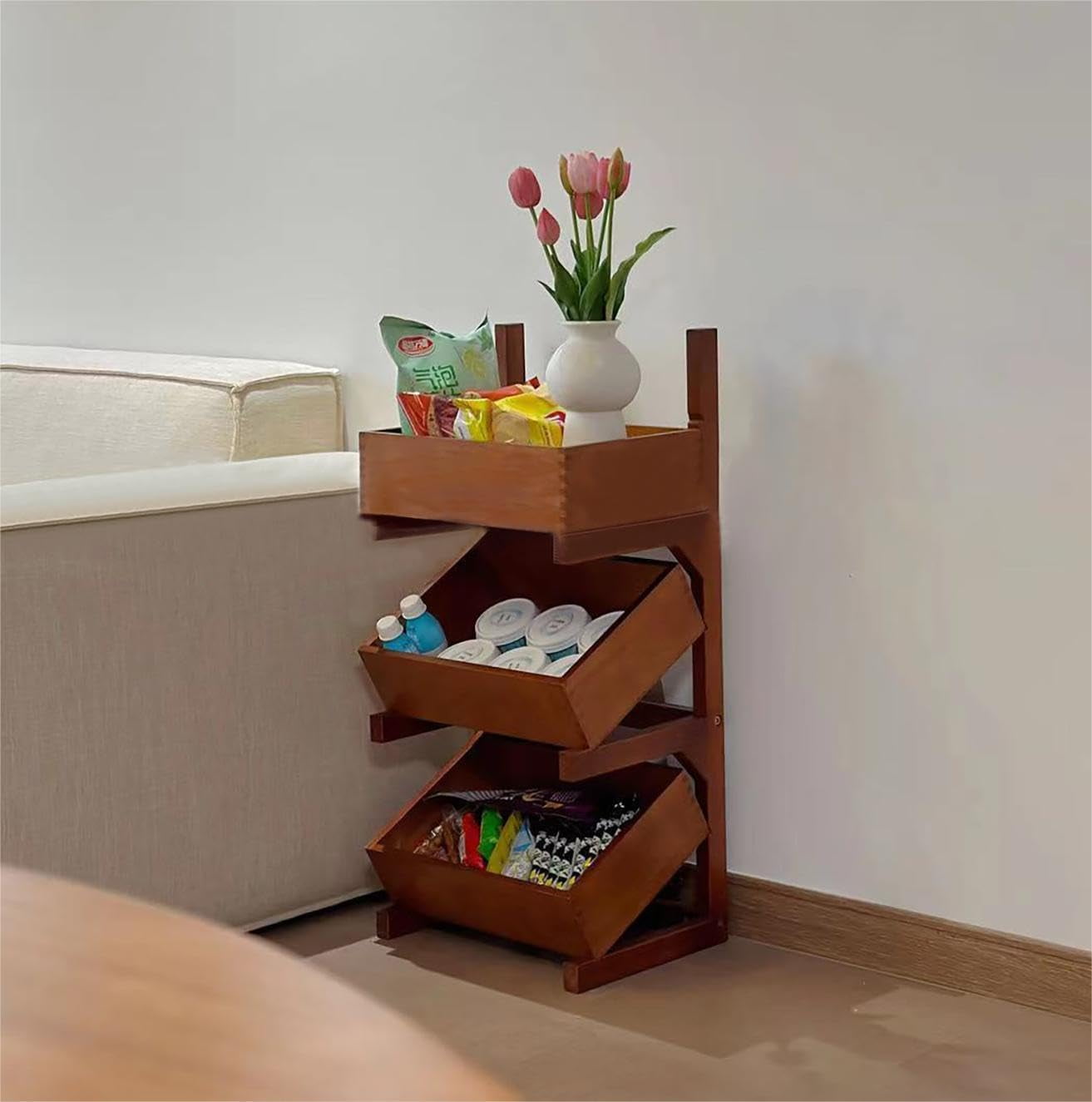 3 Tiers Wood Fruit Basket Stand, Removable Storage Baskets with Large ...