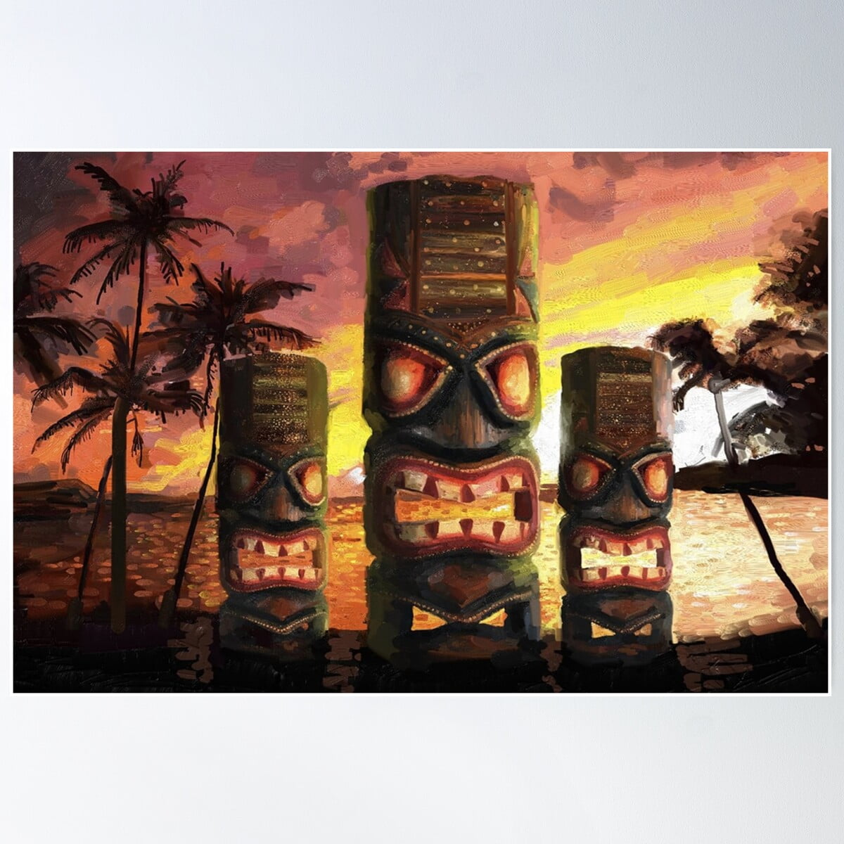 3 Tiki Carvings On Beach At Sunset Painting - Tiki Poster Wall Art ...
