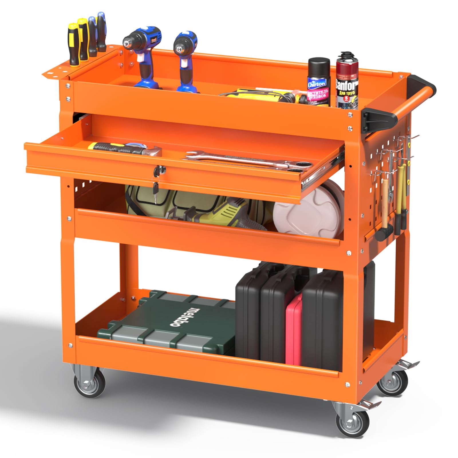 3-Tray Rolling Tool Cart with Drawers and Pegboard, Heavy Duty 400 LBS ...
