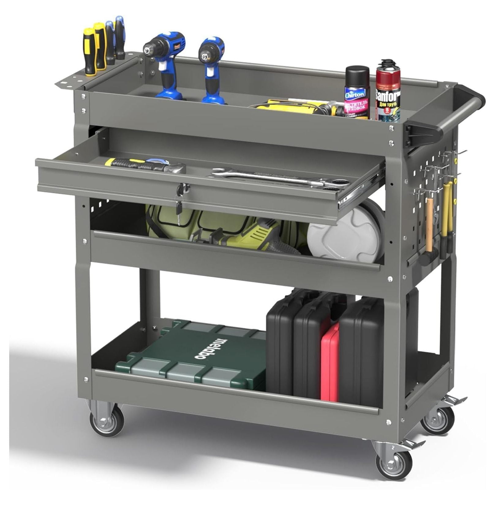 3 Tray Tool Cart with Drawers, 400 LBS Capacity Rolling Tool Cart on Wheels, Heavy Duty Utility ...