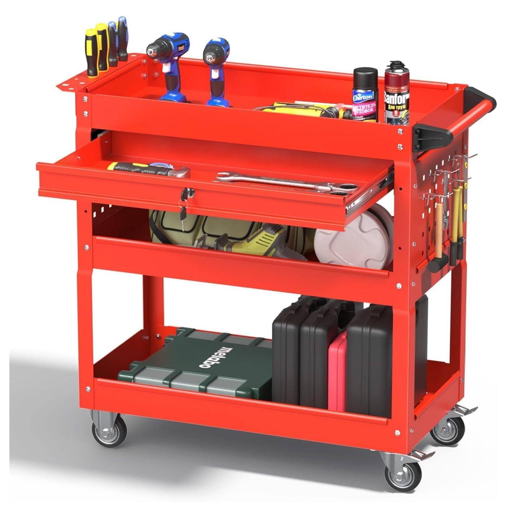 3 Tray Tool Cart with Drawers, 400 LBS Capacity Rolling Tool CartS on ...