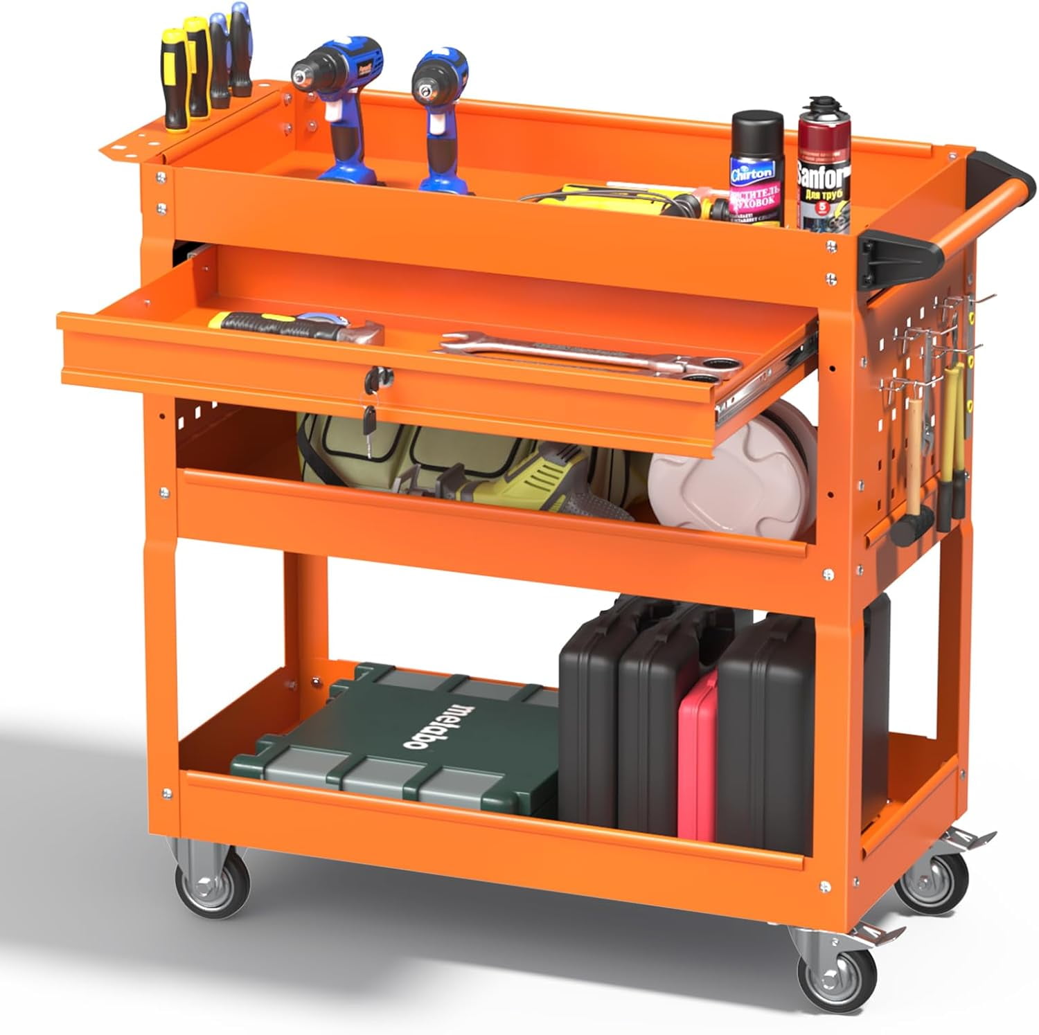 3 Tray Tool Cart with Drawers, 400 LBS Capacity Rolling Tool Carts on ...