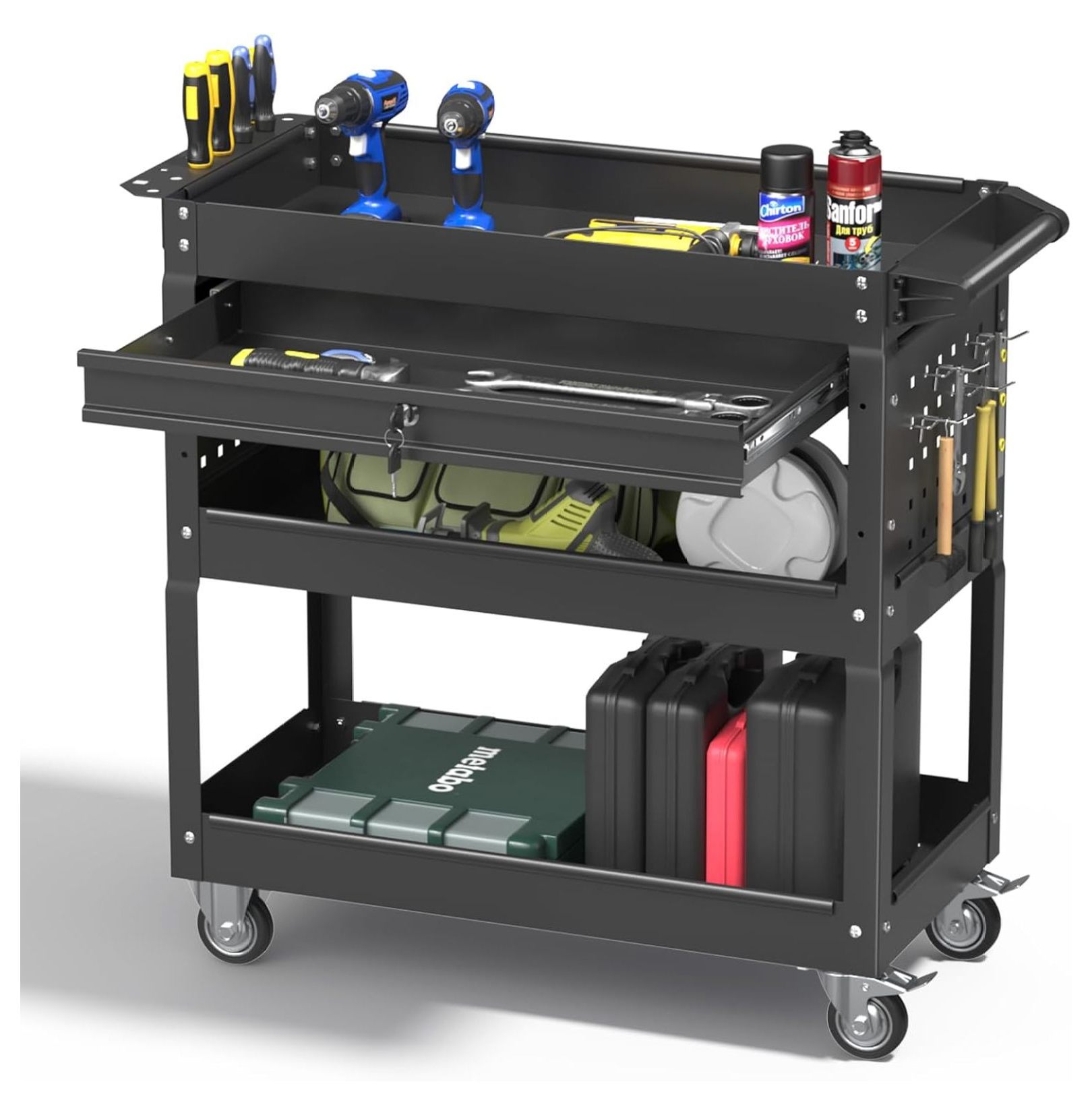 3 Tray Tool Cart with Drawers, 400 LBS Capacity Rolling Tool Cart on ...