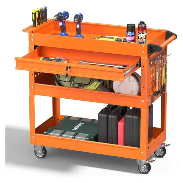 3 Tray Tool Cart with Drawers, 400 LBS Capacity Rolling Tool Cart on ...