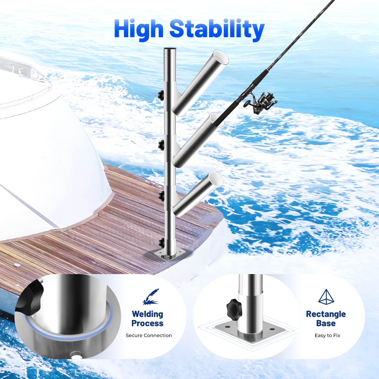 3-Tube Adjustable Stainless Fishing Rod Holder Rocket Launcher Holders ...
