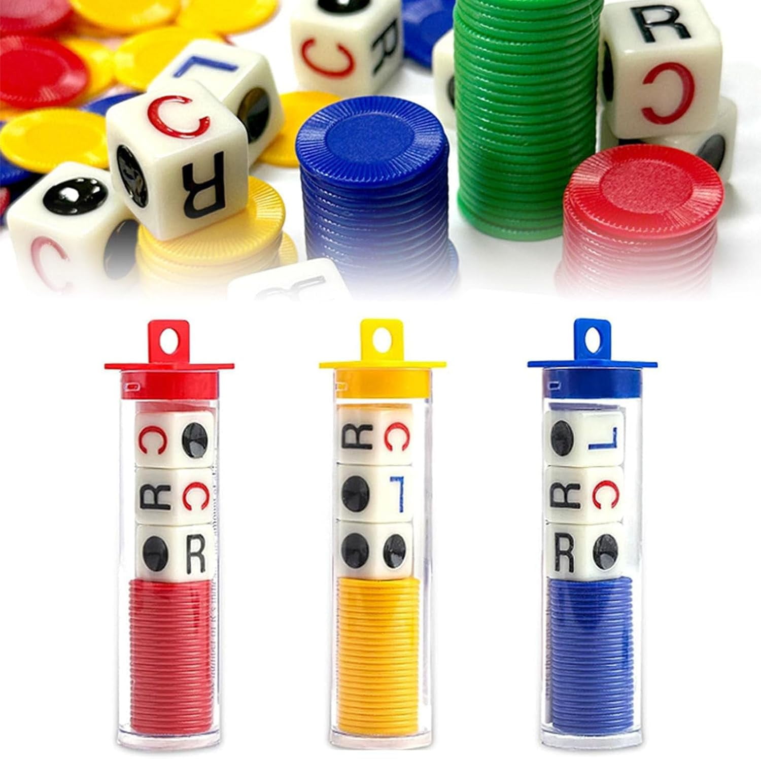 3 Tubes Left Right Center Dice Game, 3 Color Interactive Toy 6 Sided ...