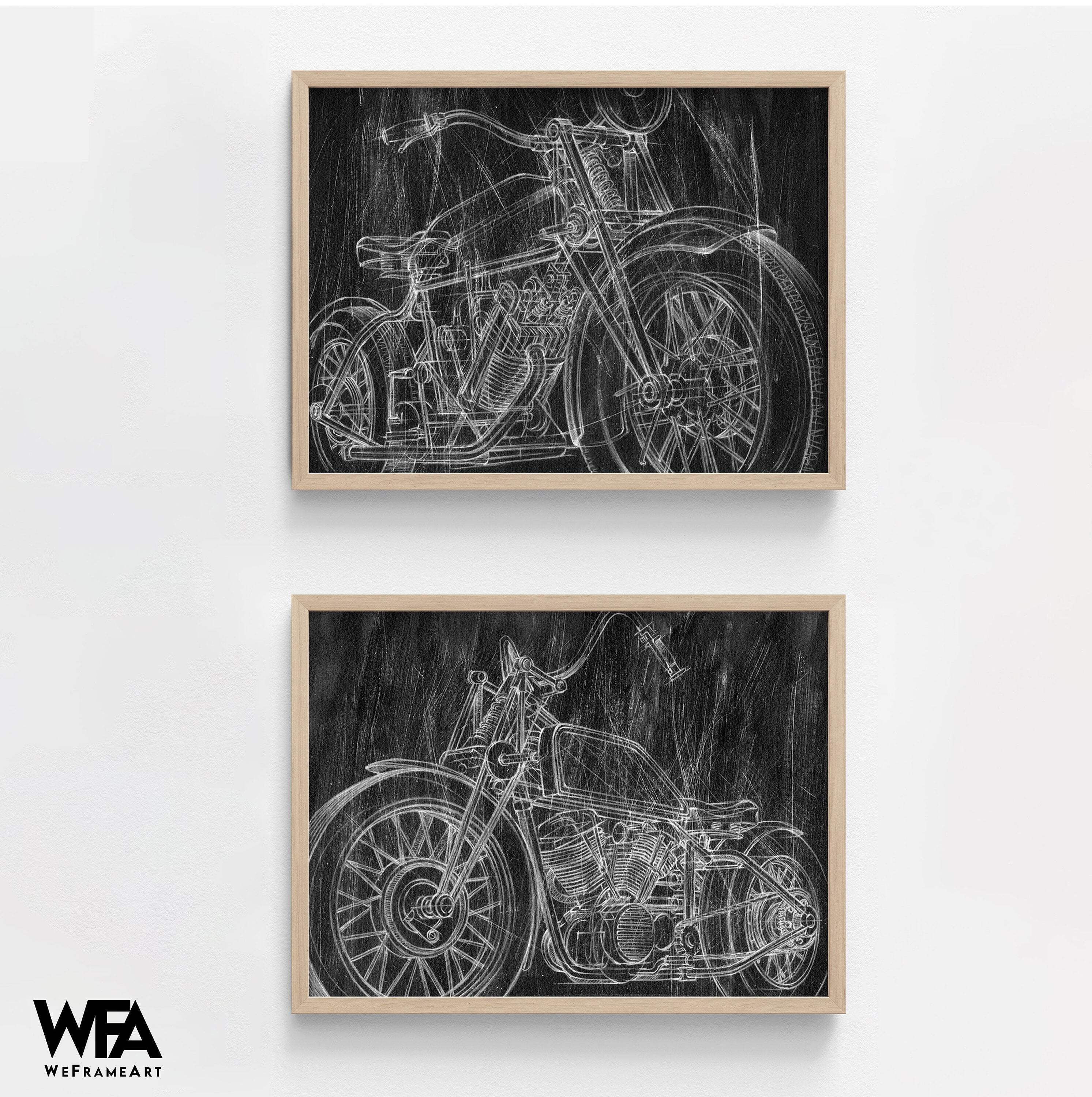 3-UP Motorcycle Mechanical Sketch I and II by Ethan Harper, Black and ...
