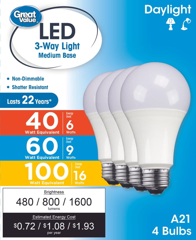 Great Value 3-Way LED Light Bulb 50K 4 Pack E26 Medium Base 1600/800 ...