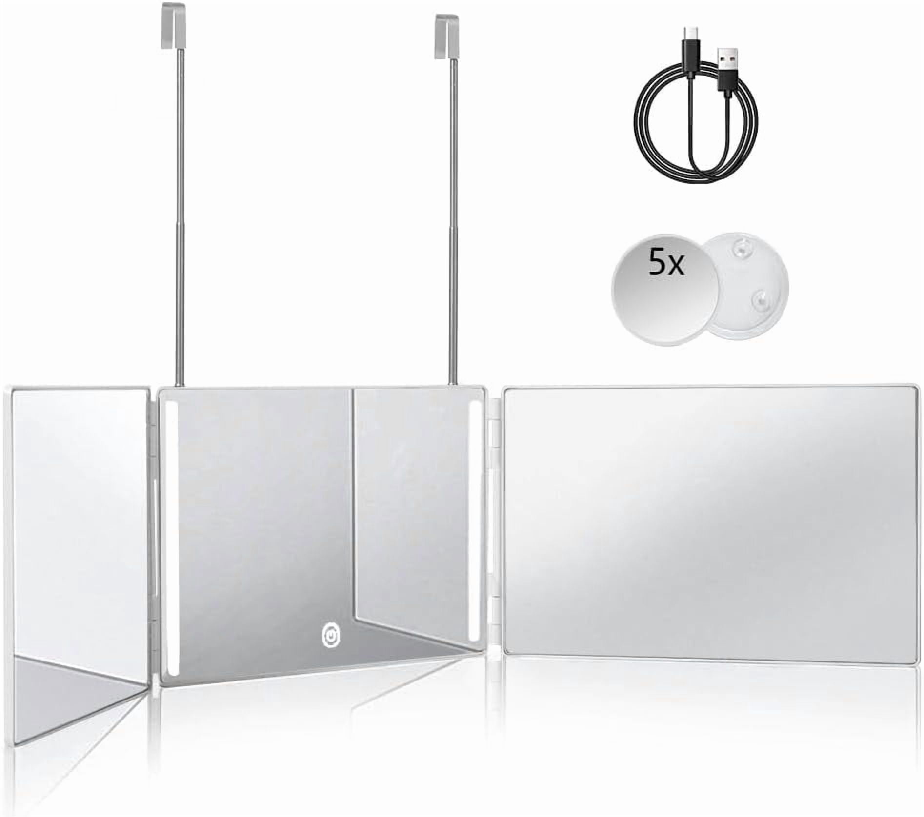 3 Way 360 Trifold Mirror with LED, Height Adjustable Telescoping Hooks ...