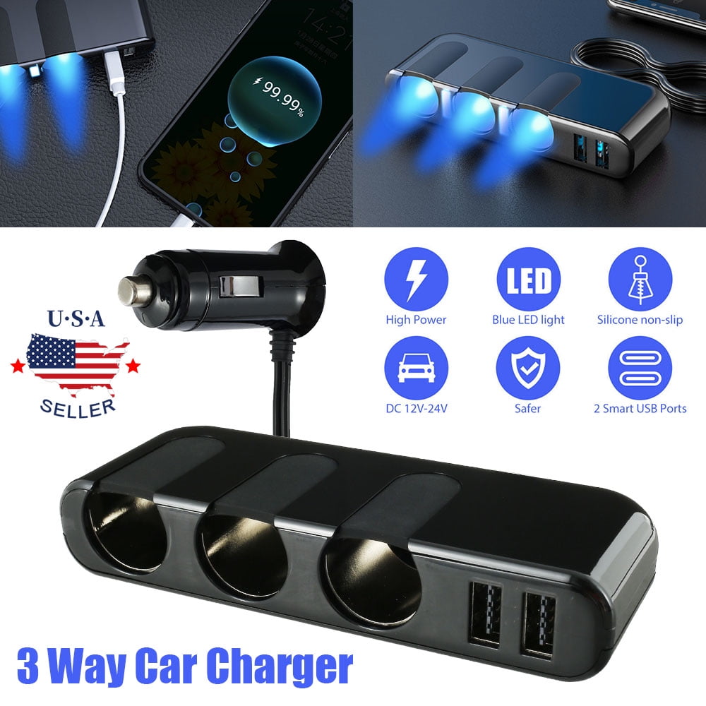 3 Way Car Charge Adapter Vehicle Cigarettes Lighter Smart Charger Multi ...