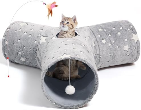 3-Way Collapsible Cat Tunnel Toy with Self-Luminous Tube & Peek Hole ...