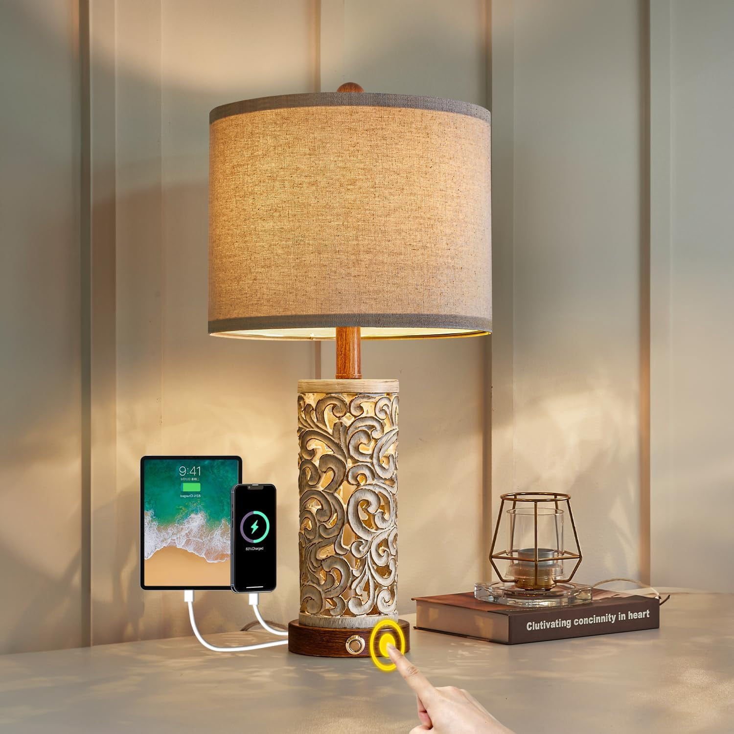 3-Way Dimmable 22'' USB A+C Touch Control Table Lamp Set of 2 with ...
