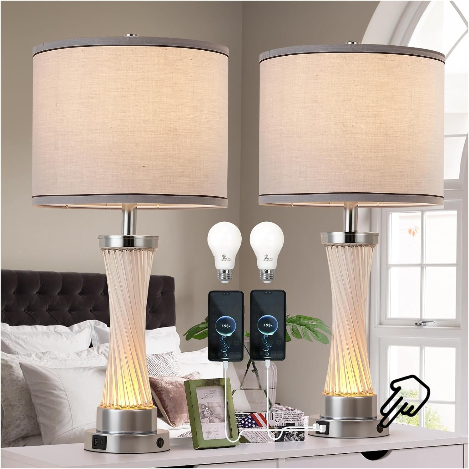 3-Way Dimmable Table Lamp Set of 2,Touch Control Lamp with Night Light ...