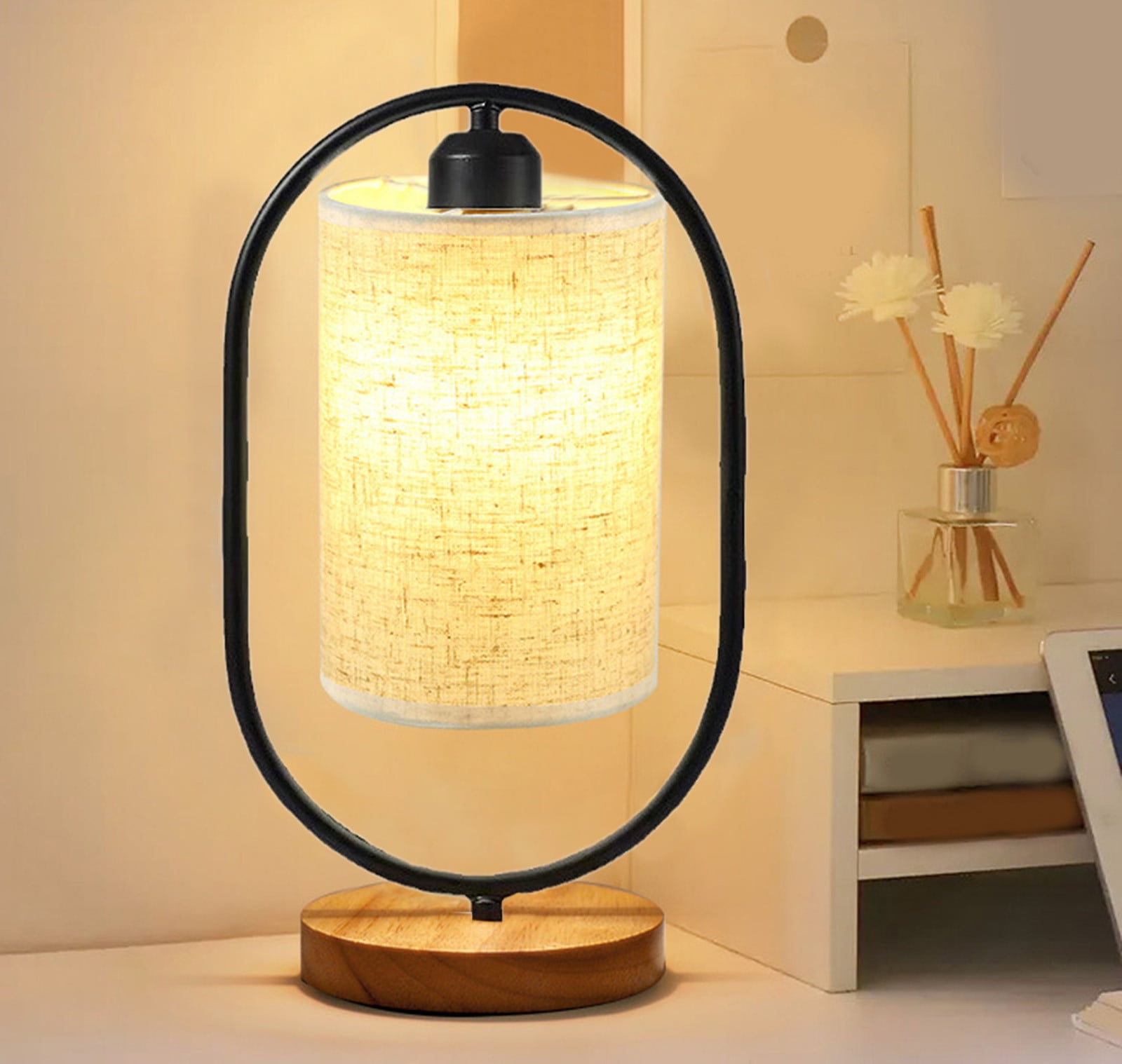 3-Way Dimmable Table Lamp with LED Bulb Round Flaxen Fabric Shade Solid ...