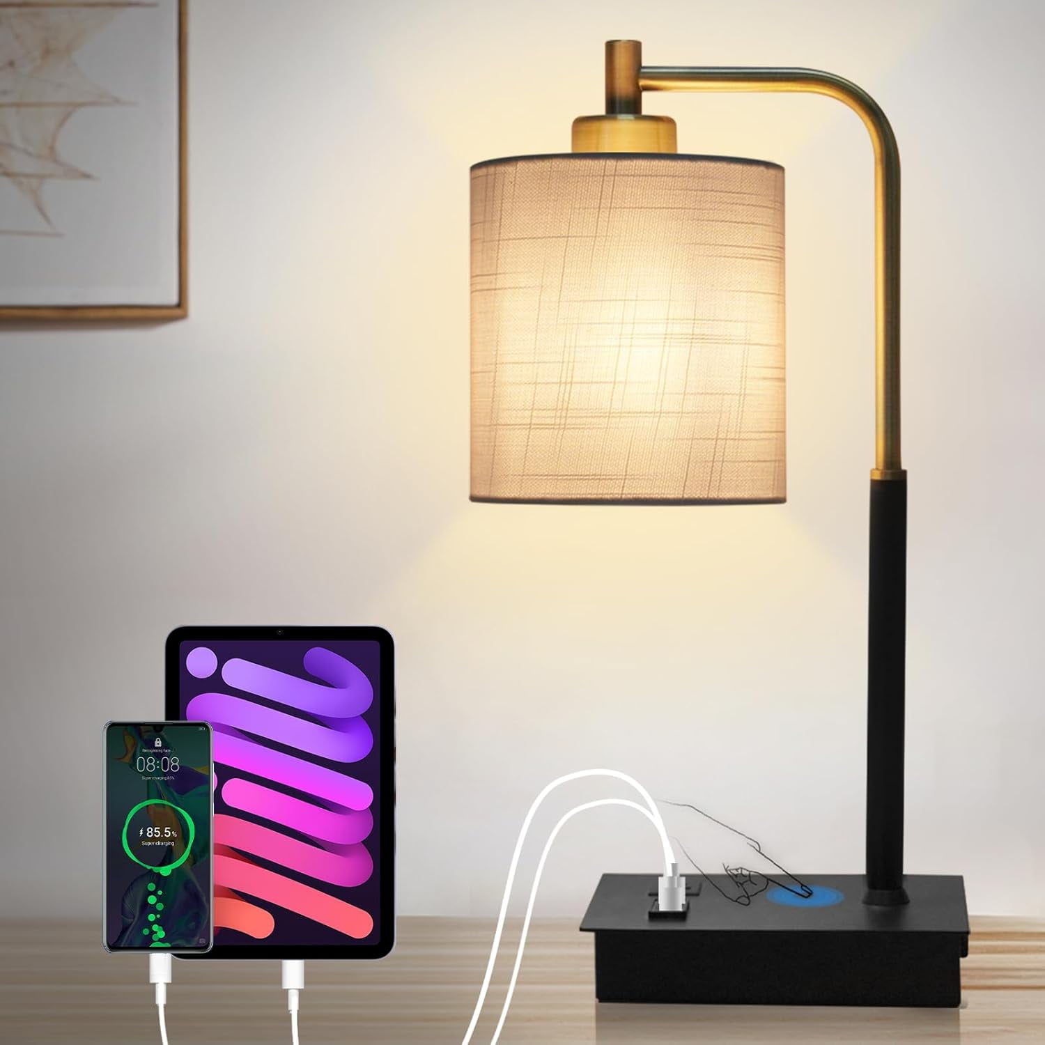 3-Way Dimmable Touch Control Bedside Lamp with USB A+C Ports and Outlet ...