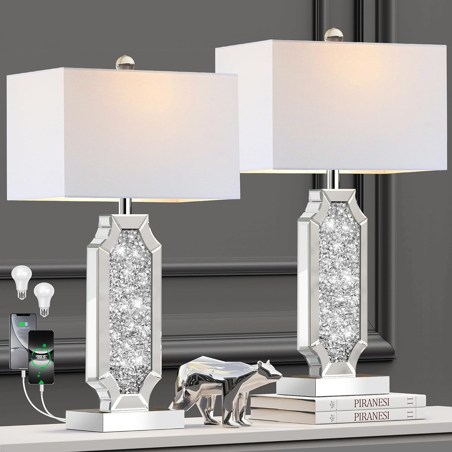 3-Way Dimmable Touch Diamond Crushed Mirrored Bedside Table Lamps Set ...