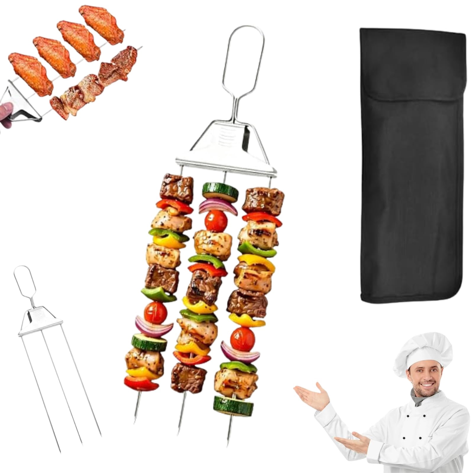 3 Way Grill Skewers, 2PCS Prong Skewers for Grilling, 14.7"Stainless ...