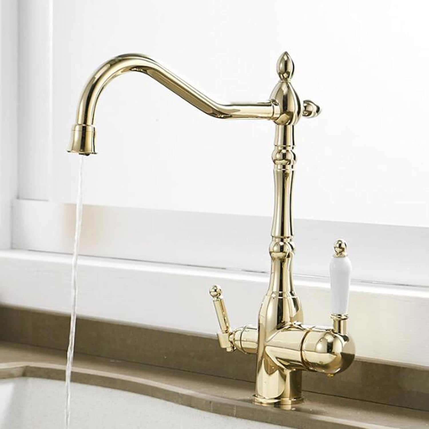 3 Way Kitchen Faucet Brass Hot Water and Cold Water Swivel Kitchen Sink ...