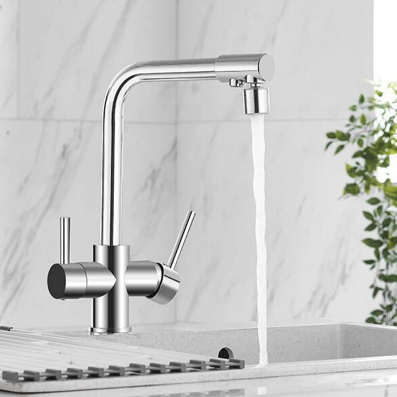 3 Way Kitchen Faucet Brass Hot and Cold Water Single Hole Swivel ...