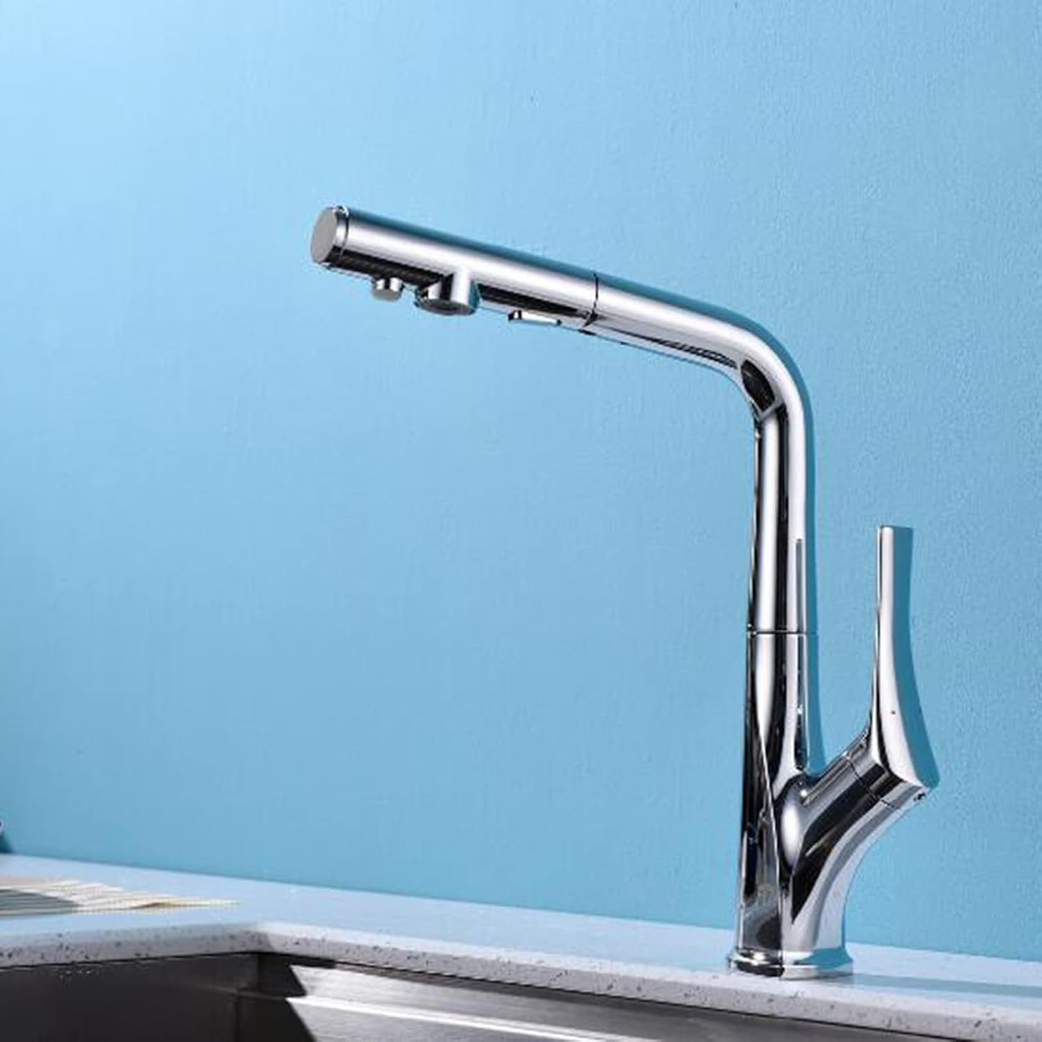 3 Way Kitchen Faucet with Pull Out Spray Brass 360°Rotation ...