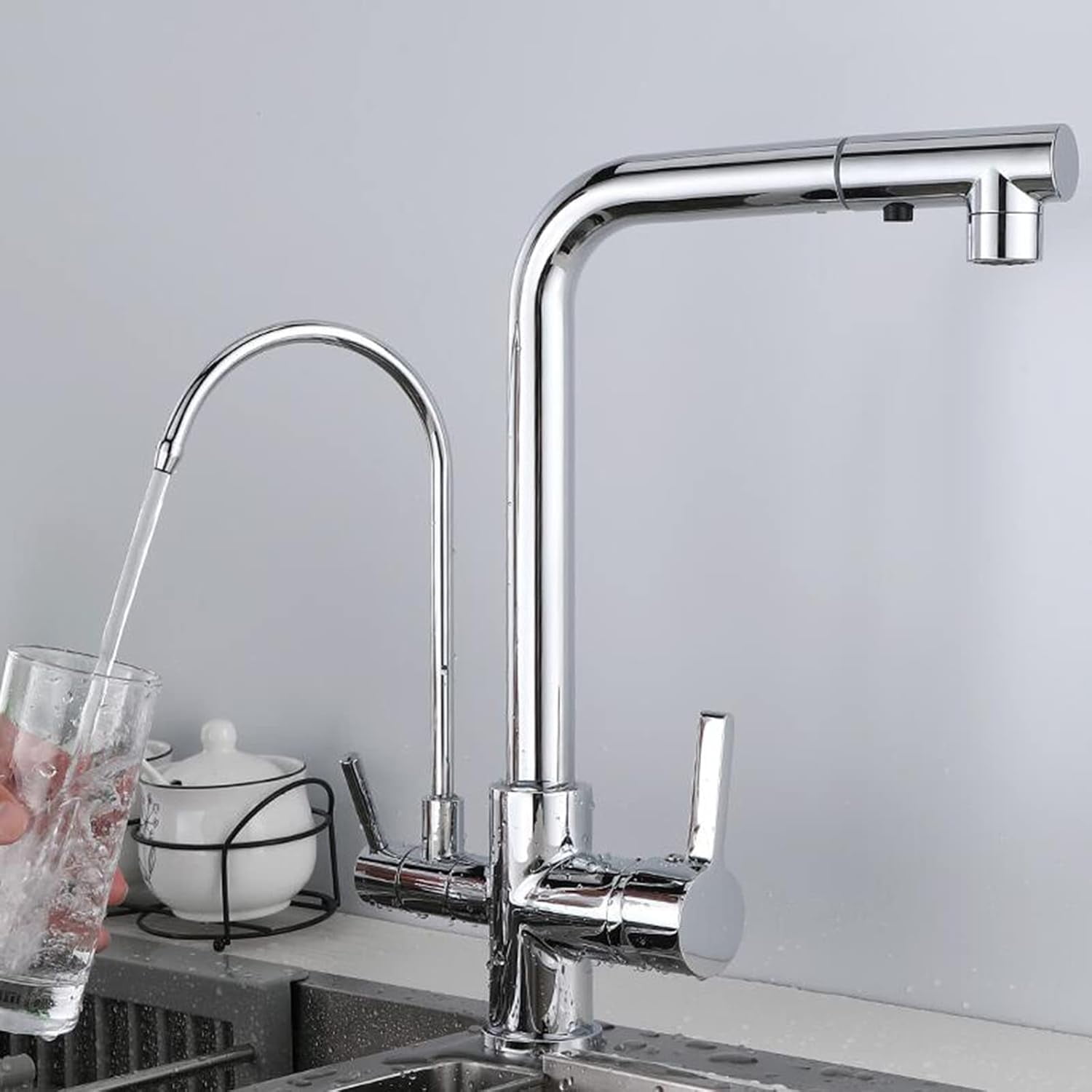 3 Way Kitchen Faucet with Pull Out Spray Swivel Hot and Cold Water ...